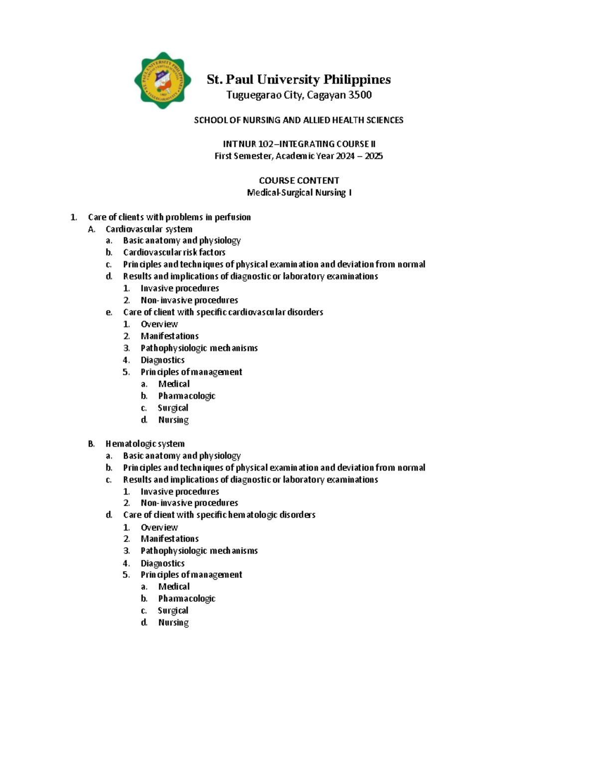 CA2-Course-Outline - eh - Tuguegarao City, Cagayan 3500 SCHOOL OF ...
