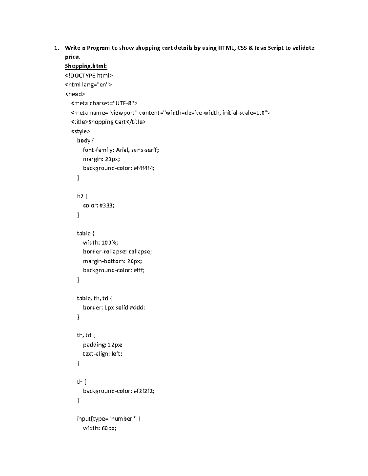 Wt questions - Write a Program to show shopping cart details by using HTML, CSS & Java Script to ...