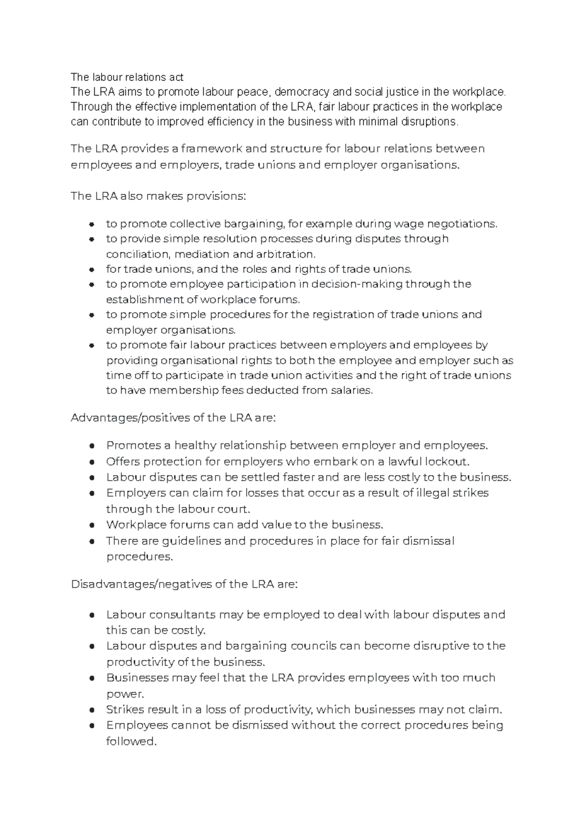 Business paper 1 - study guide - The labour relations act The LRA aims ...