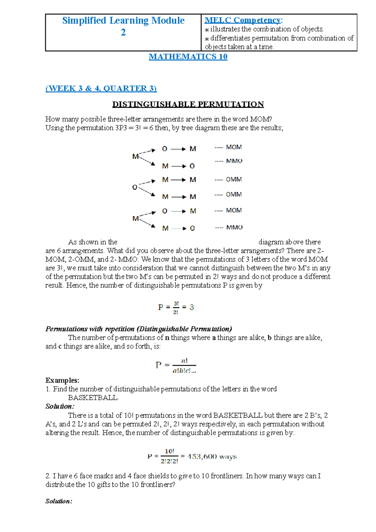 WEEK 3 & 4 MATHEMATICS GRADE 10 - Simplified Learning Module 2 MELC ...