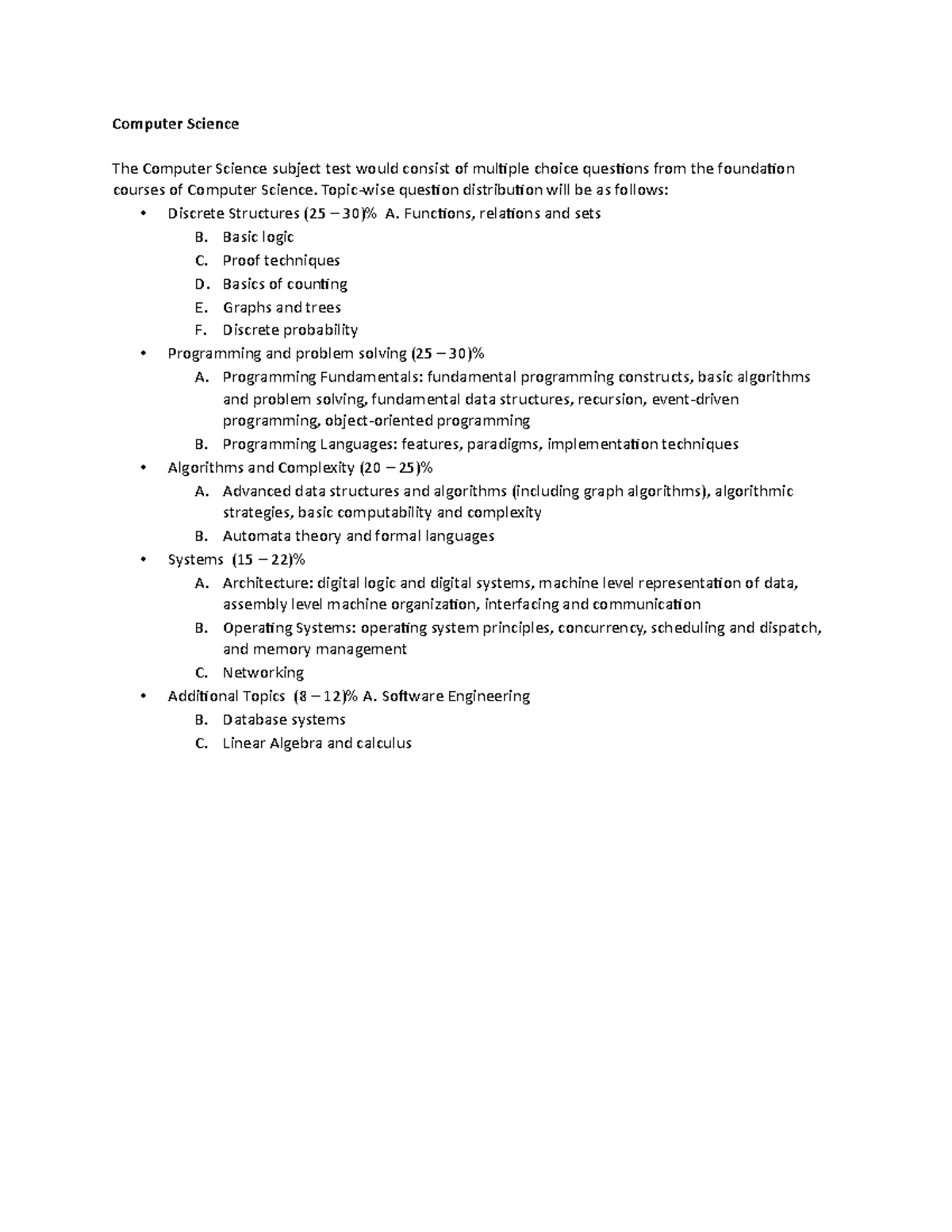 Computer Science 1 - Topic-wise question distribution will be as follows: - Discrete Structures ...