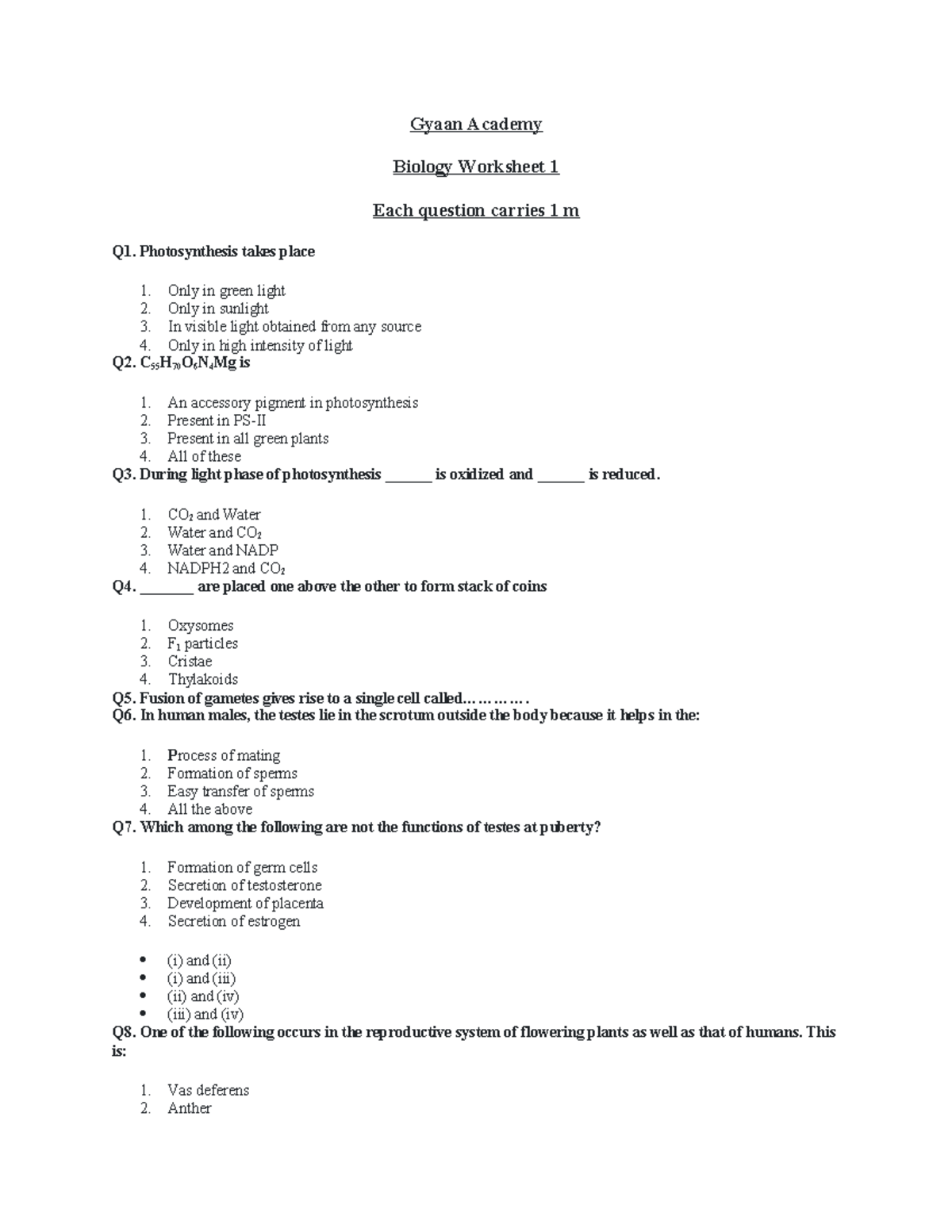 Biology worksheet class 10 1GY - Gyaan Academy Biology Worksheet 1 Each ...