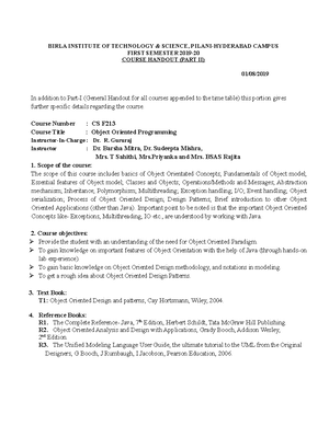 Handout - Course Number : CS F Course Title : Object-Oriented Programming Instructor-In-Charge ...