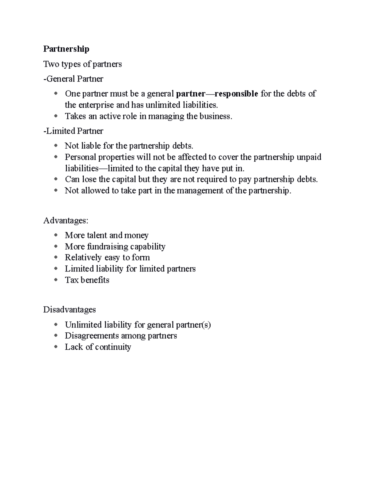 Partnership - Partnership Two types of partners -General Partner One ...