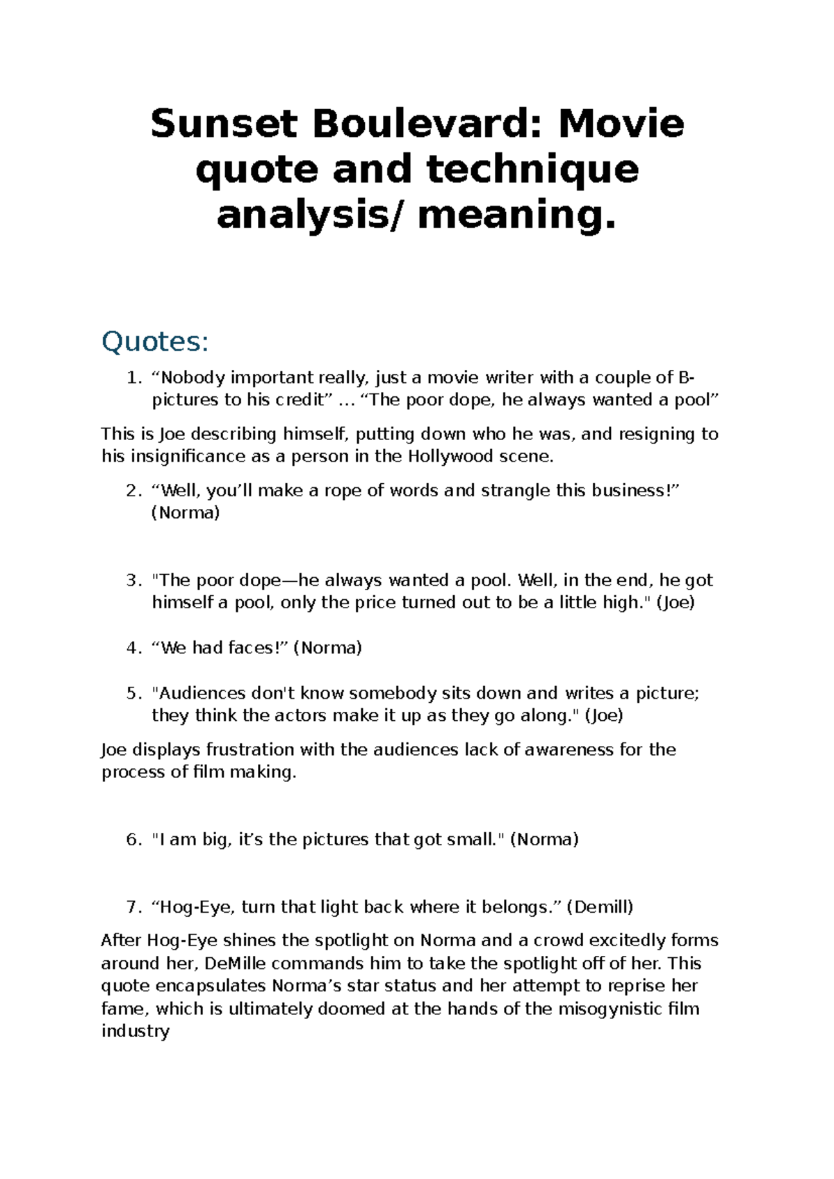 Sunset Boulevard movie analysis - Sunset Boulevard: Movie quote and technique analysis/ meaning ...