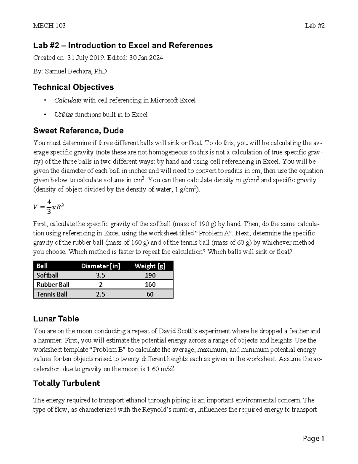 Mech103 lab2 excel - MECH 103 Lab Page 1 Lab #2 – Introduction to Excel and References Created ...