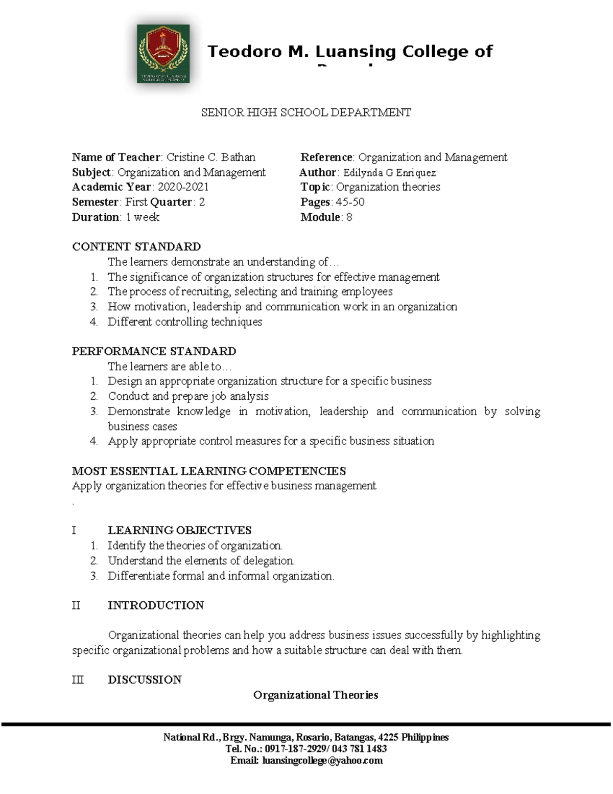 Module 8 - Organization and Management - Rosario SENIOR HIGH SCHOOL ...