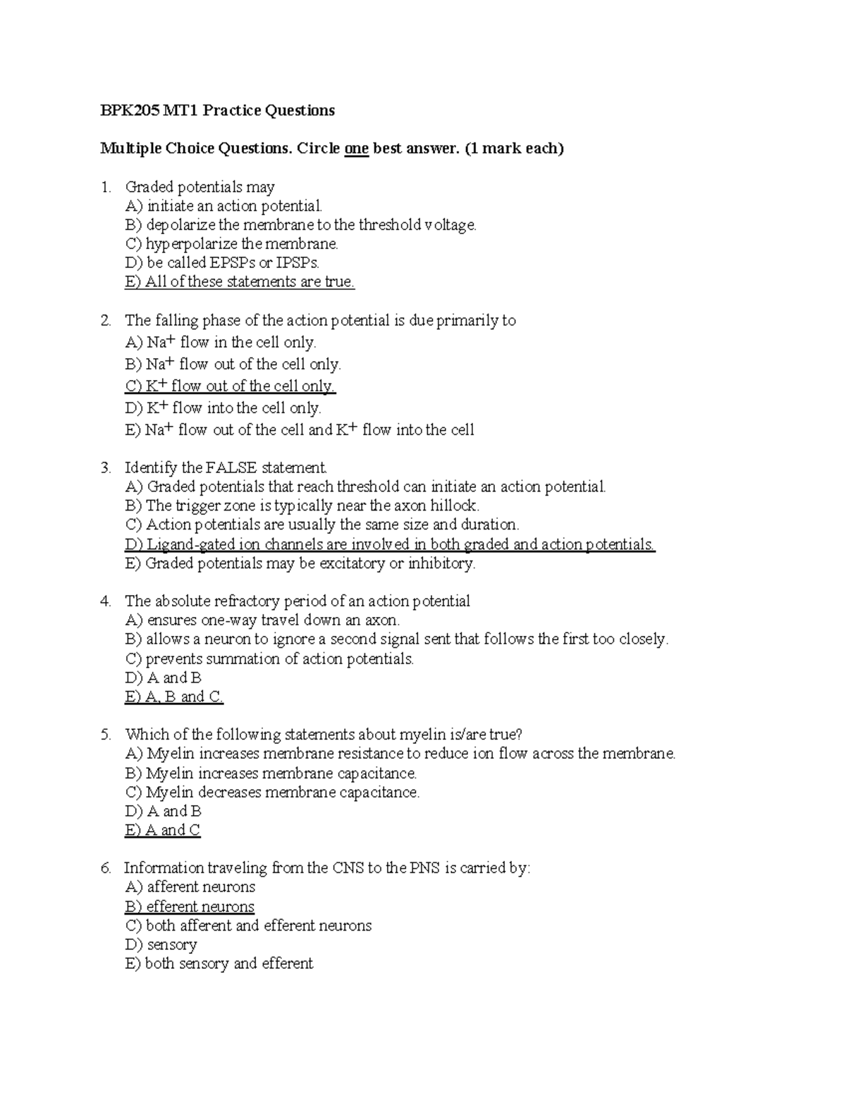 practice MT 1 answers - BPK205 MT1 Practice Questions Multiple Choice ...
