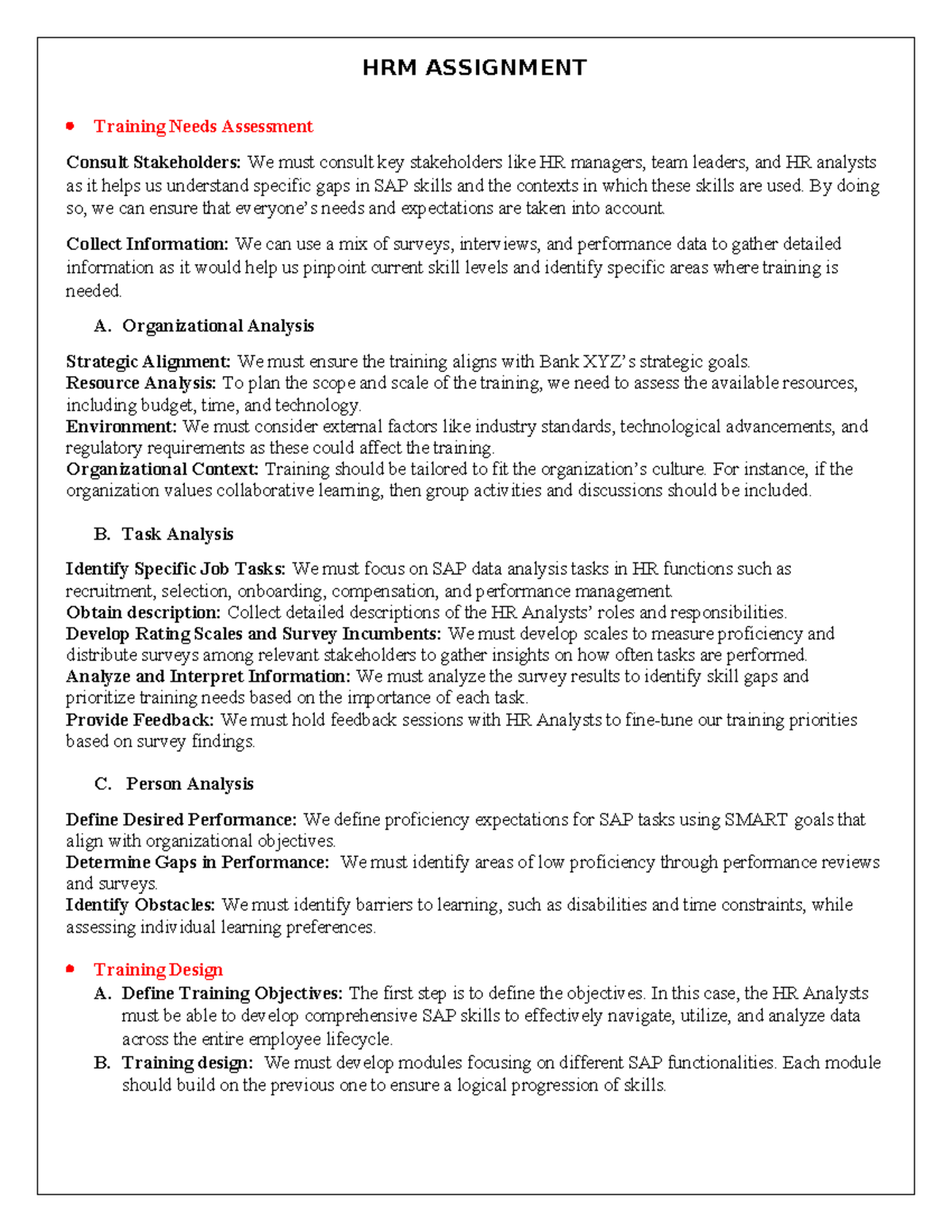 HRM Assignment - needs assessment - HRM ASSIGNMENT Training Needs ...