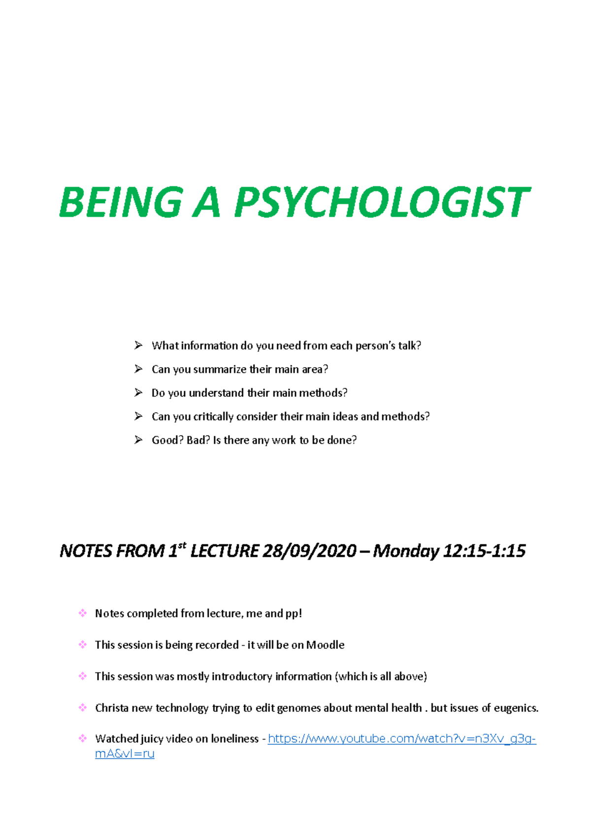 Being A Psychologist ALL NOTES Tom Lancaster - BEING A PSYCHOLOGIST ...