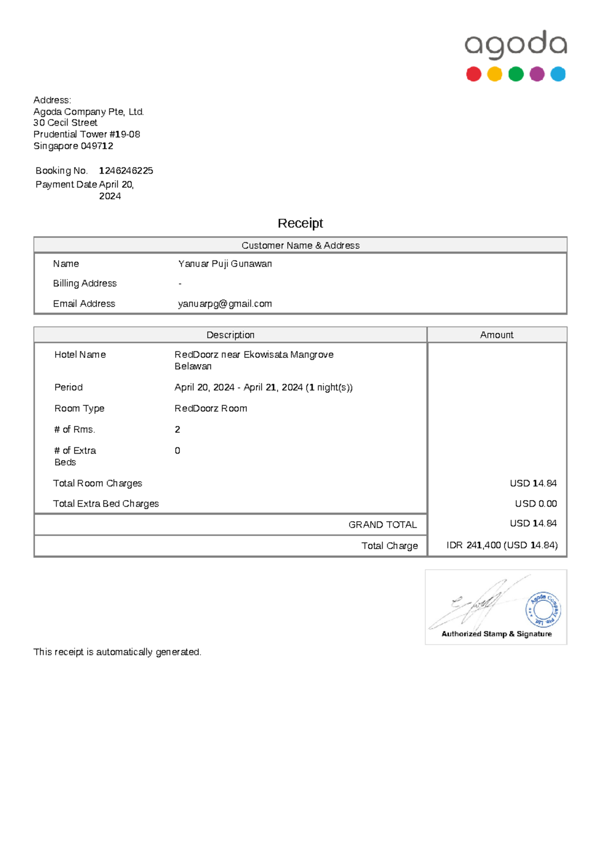 Receipt 8 - its nothing - Address: Agoda Company Pte, Ltd. 30 Cecil ...