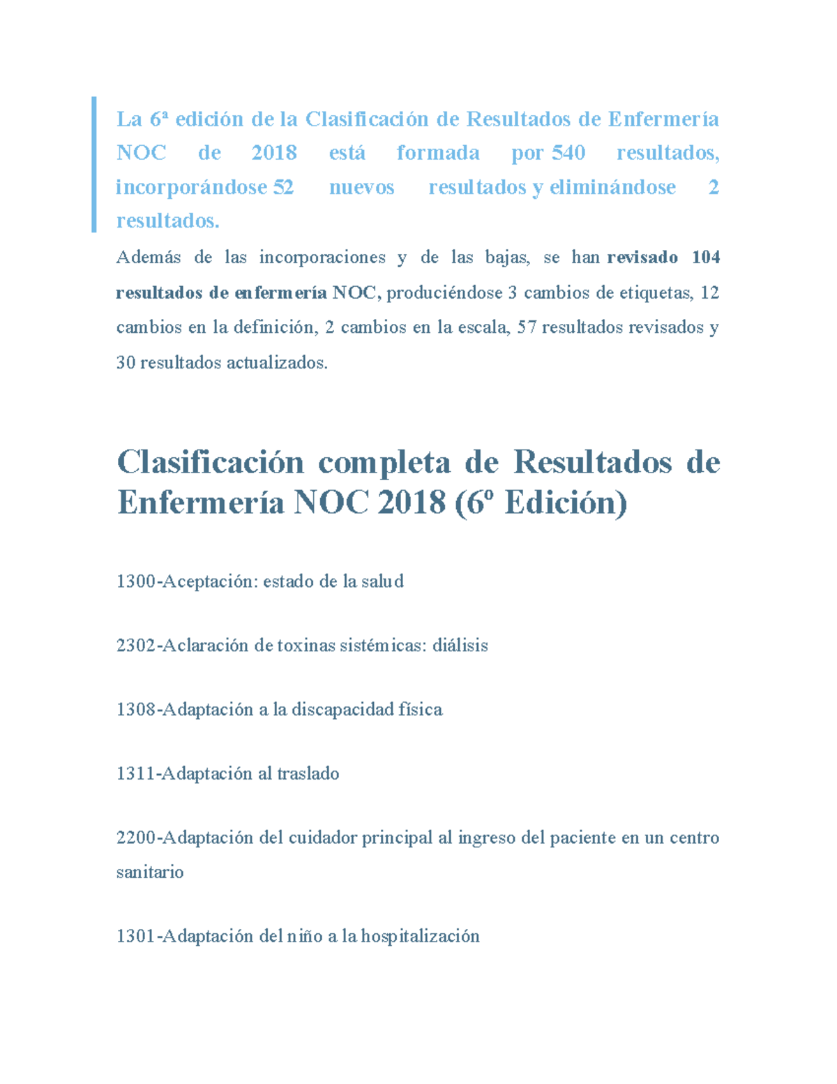 Clasificación completa de Resultados de Enfermería NOC 2018 (6º Edición) - La 6ª edición de la ...