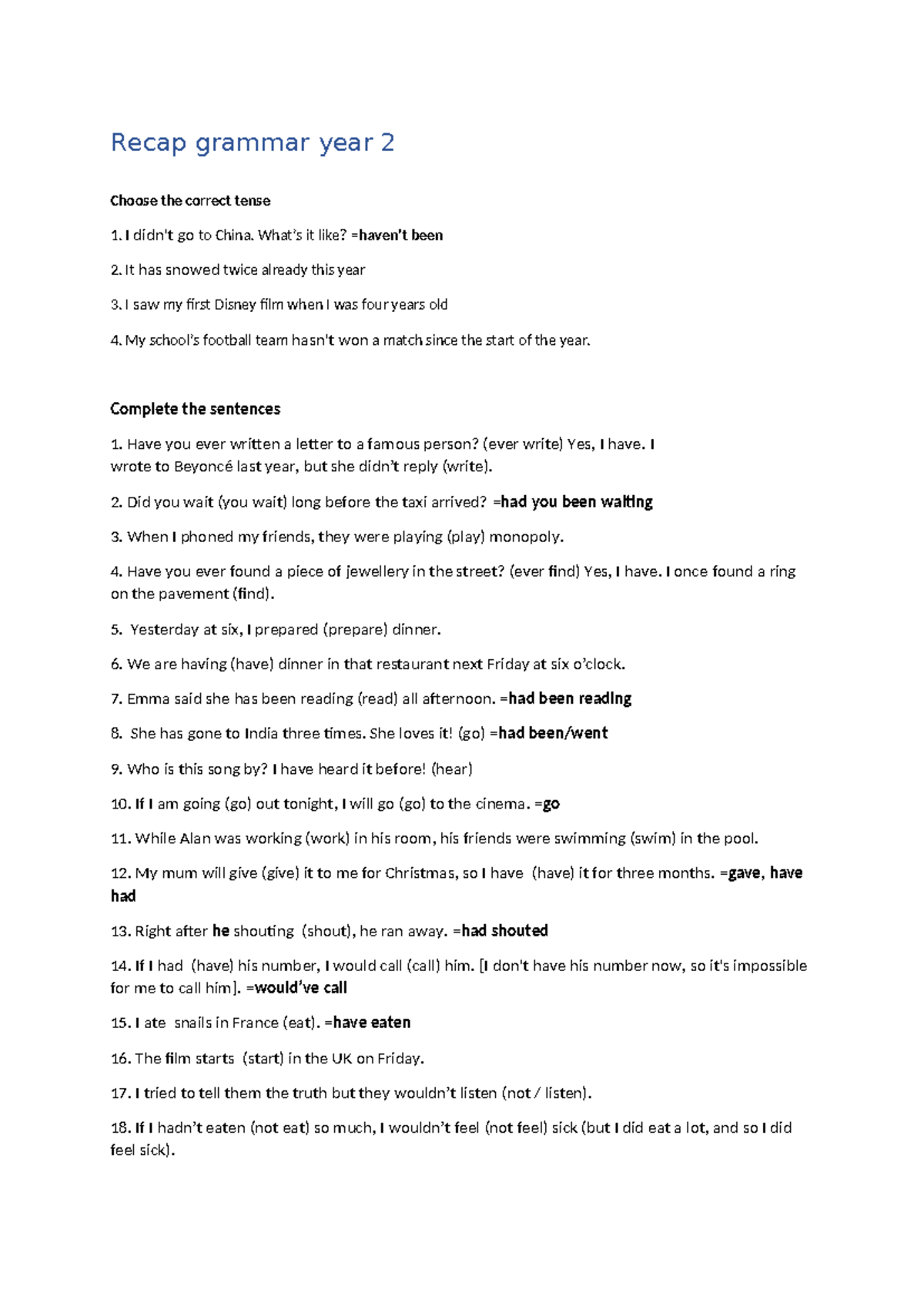 Grammar recap year 2 exercises - Recap grammar year 2 Choose the ...