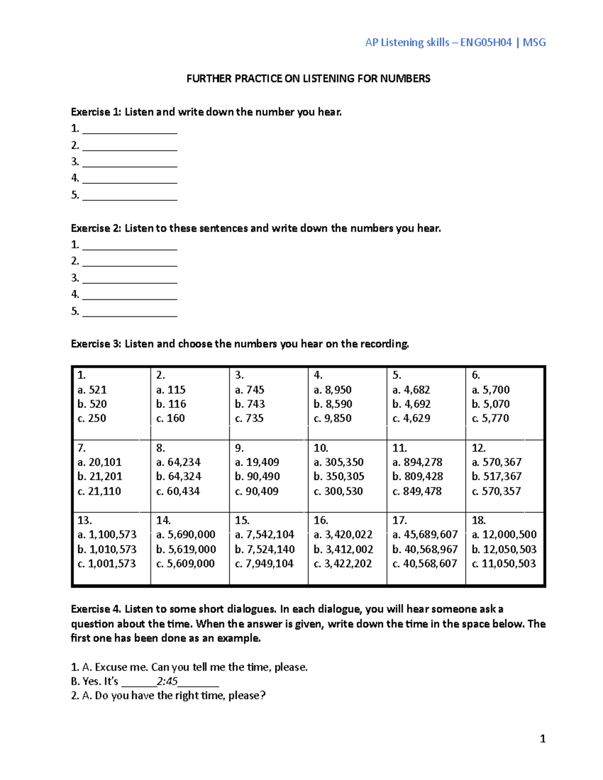 Further Practice ON Listening FOR Numbers - FURTHER PRACTICE ON ...