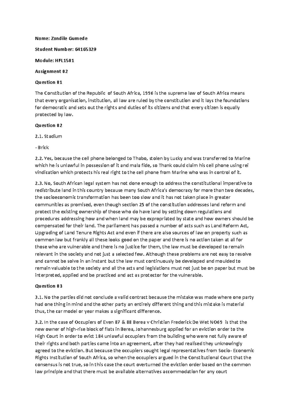 HFL assignment 02 final - Name: Zandile Gumede Student Number: 64165329 ...