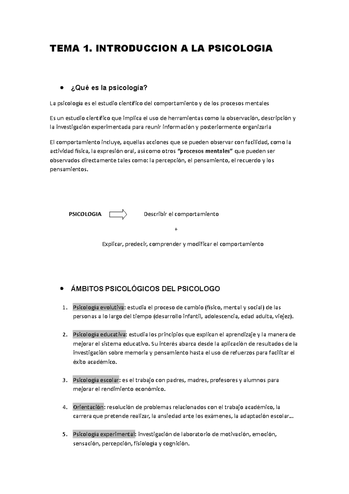 TEMA 1. Psicologia - TEMA 1. INTRODUCCION A LA PSICOLOGIA ¿Qué es la ...