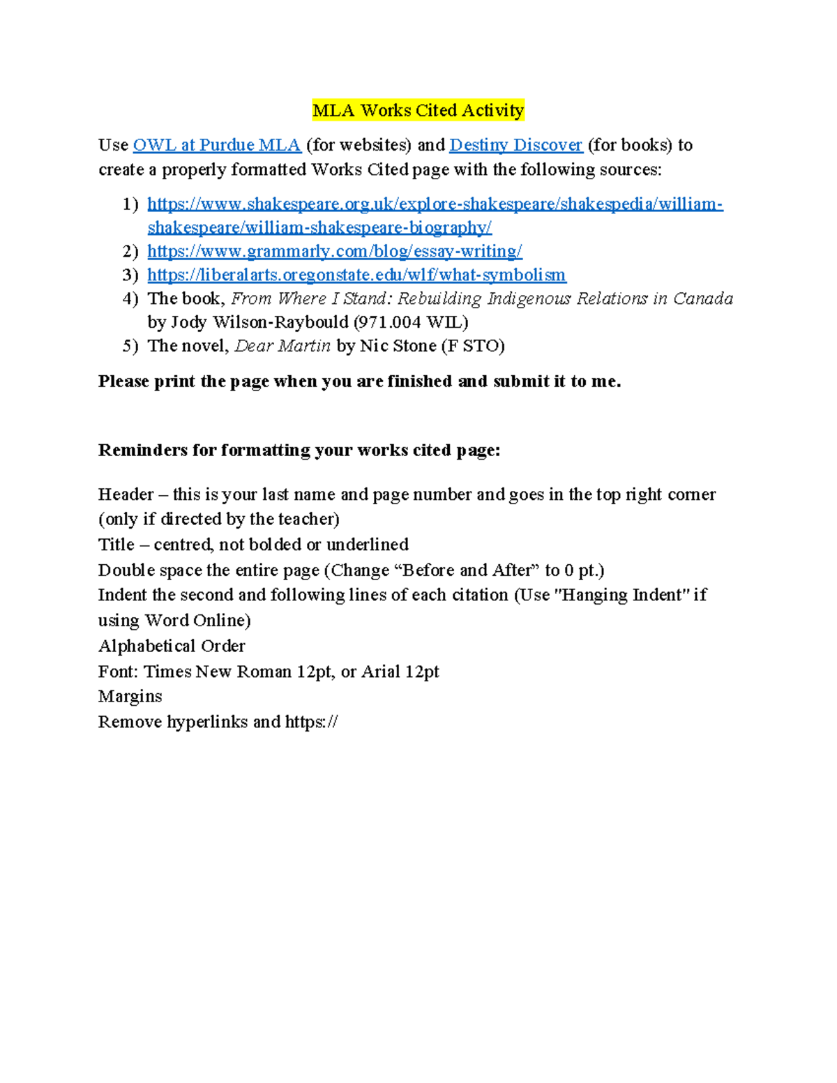 MLA Works Cited Activity Nov 2023 - MLA Works Cited Activity Use OWL at ...