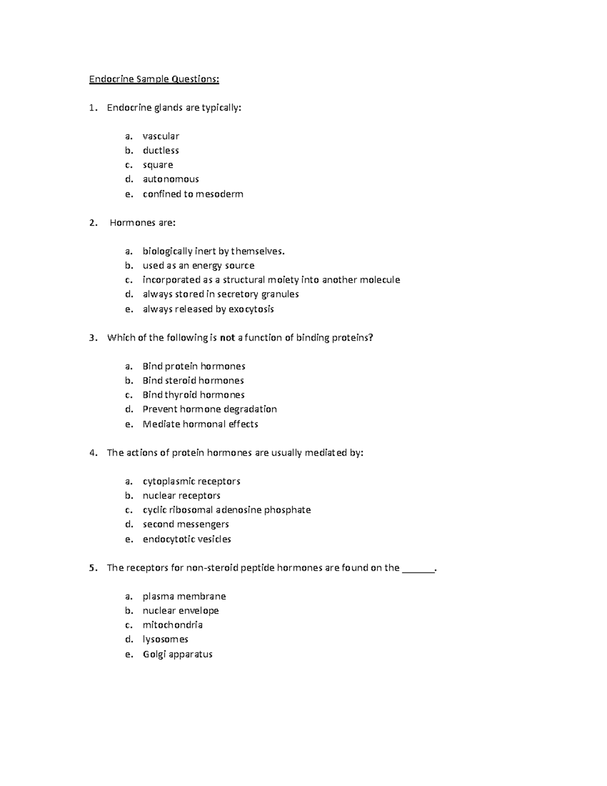 Endocrinology sample questions - Endocrine Sample Questions: Endocrine ...