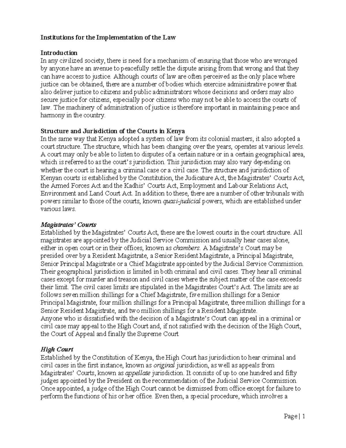 Institutions for Implementation of law in Kenya - Institutions for the ...