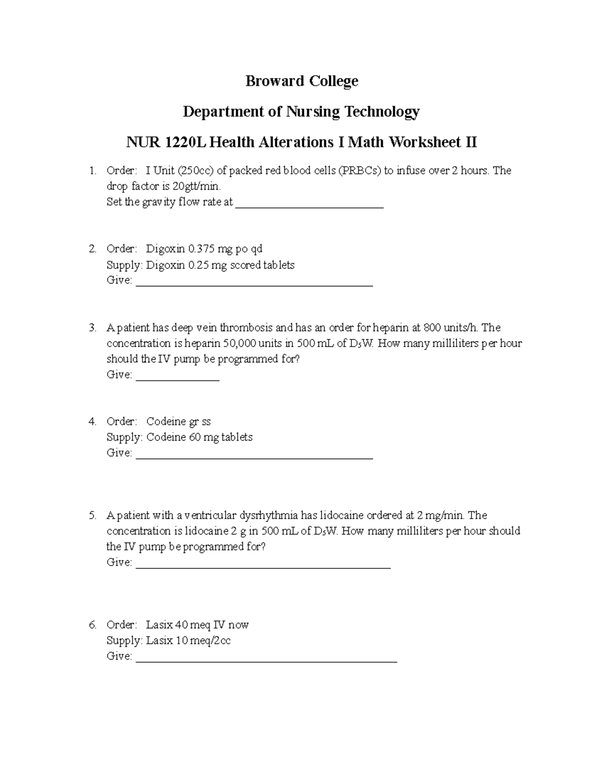 MATH worksheet II 2222L 11 09 - Broward College Department of Nursing ...