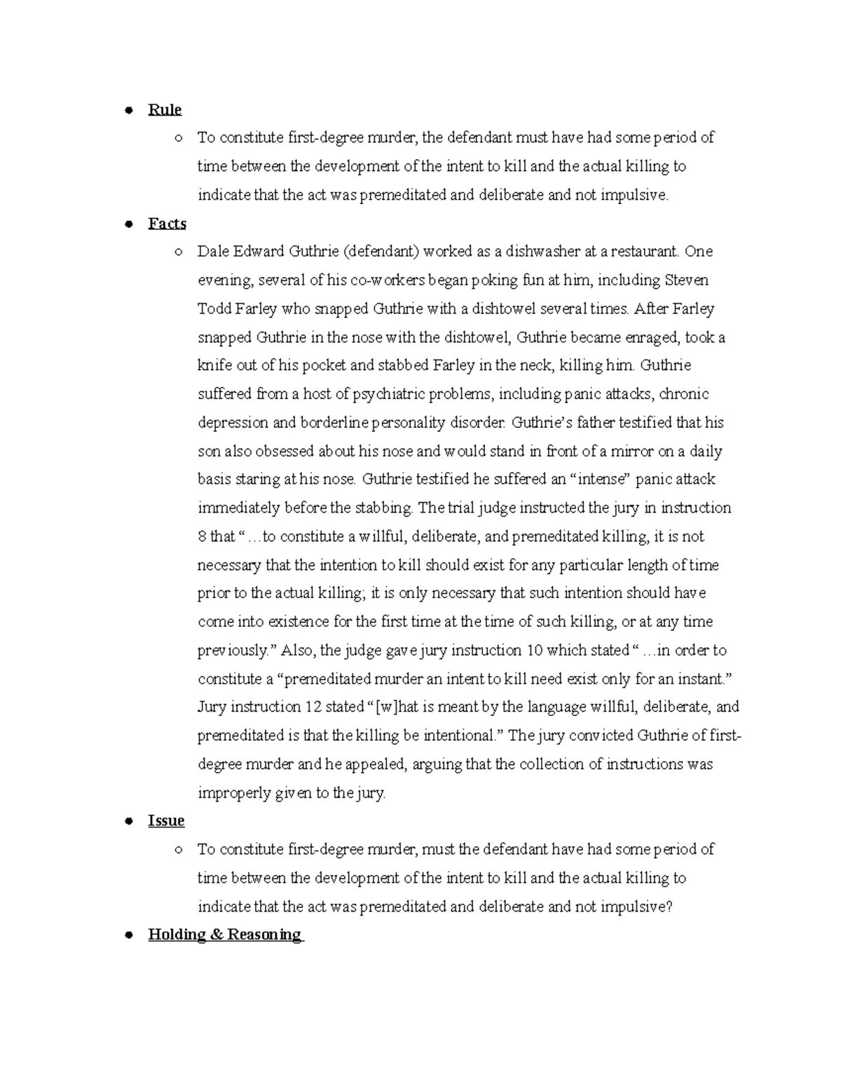 Criminal Law 2022- State v. Guthrie - Rule To constitute first-degree ...