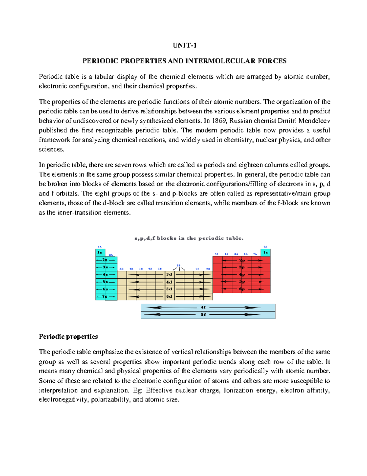 Periodic properties - UNIT- PERIODIC PROPERTIES AND INTERMOLECULAR ...