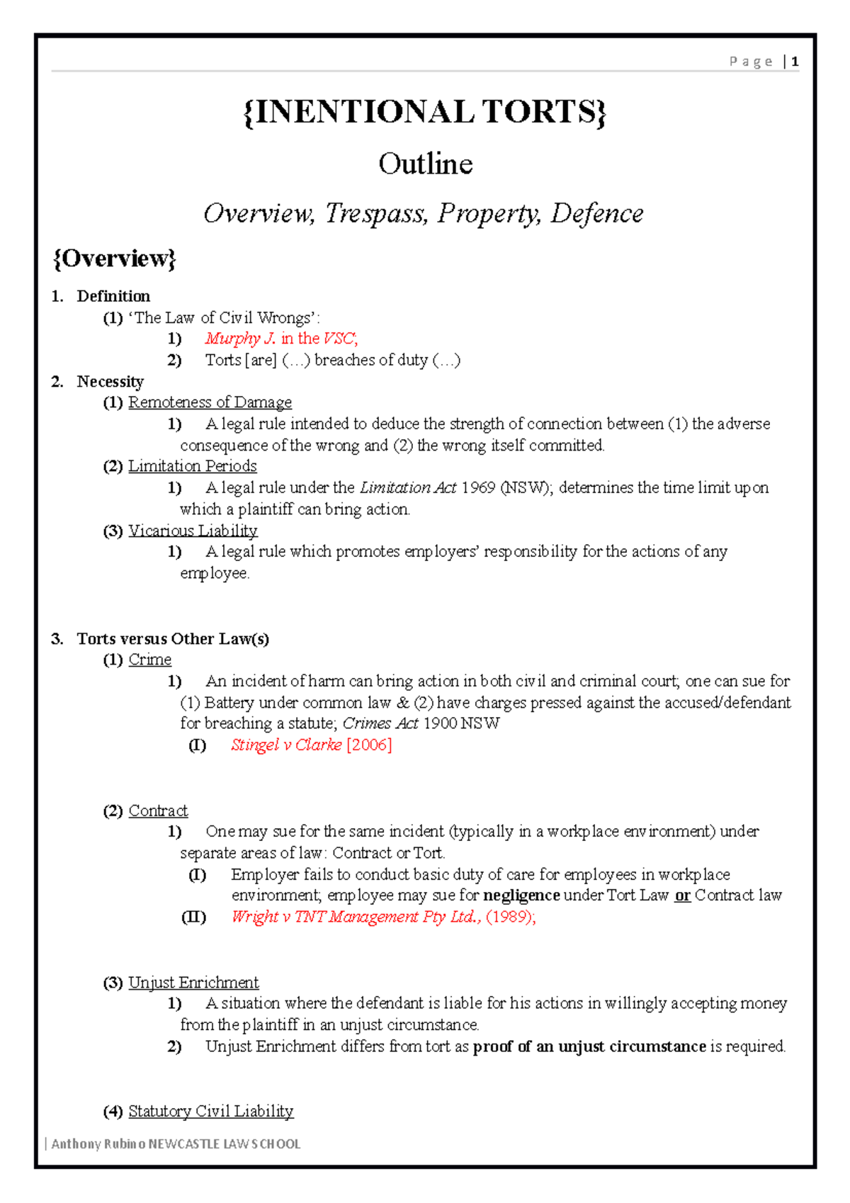 Intentional Torts (Attack Sheet) - | {INENTIONAL TORTS} Outline ...