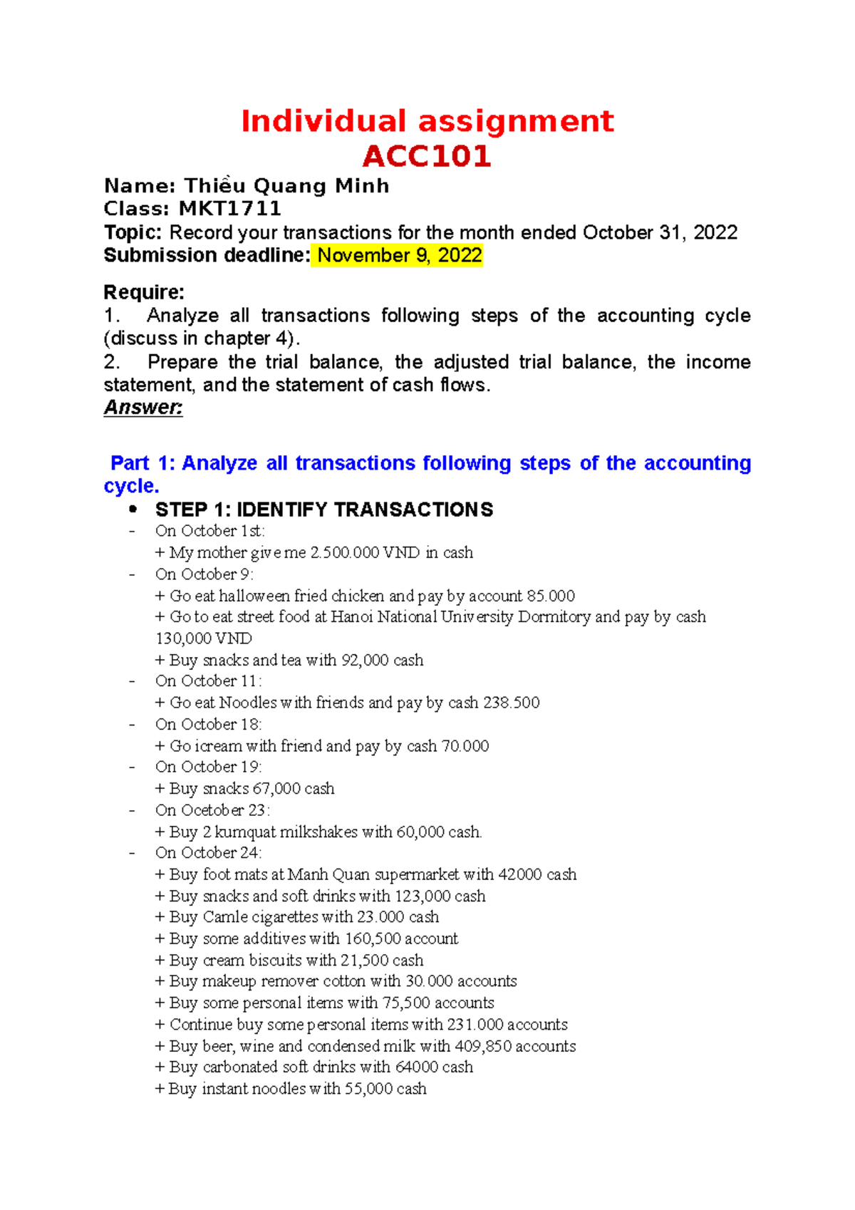 Thiều Quang Minh Individual assignment 1 - Individual assignment ACC Name: Thiều Quang Minh ...