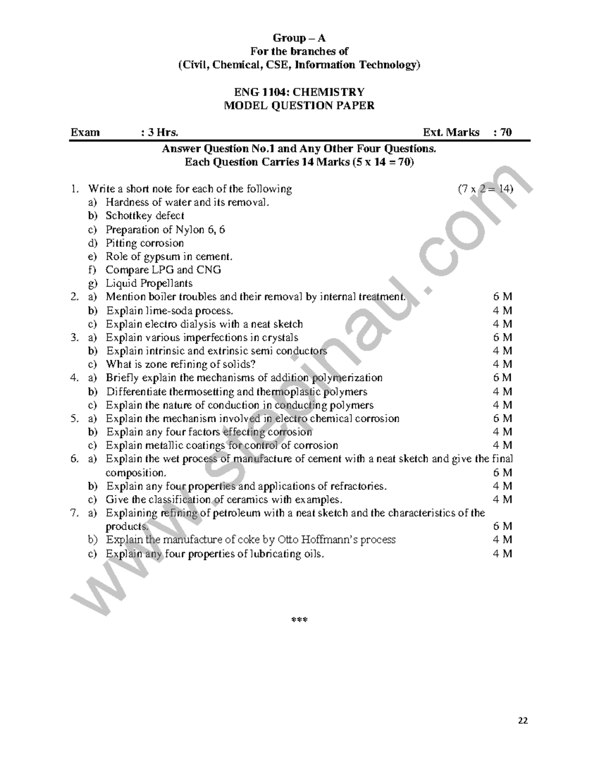 Chemistry-1 - The chemistry for BTech CSE yr1 s1 past exam question papers - 22 Group – A For ...