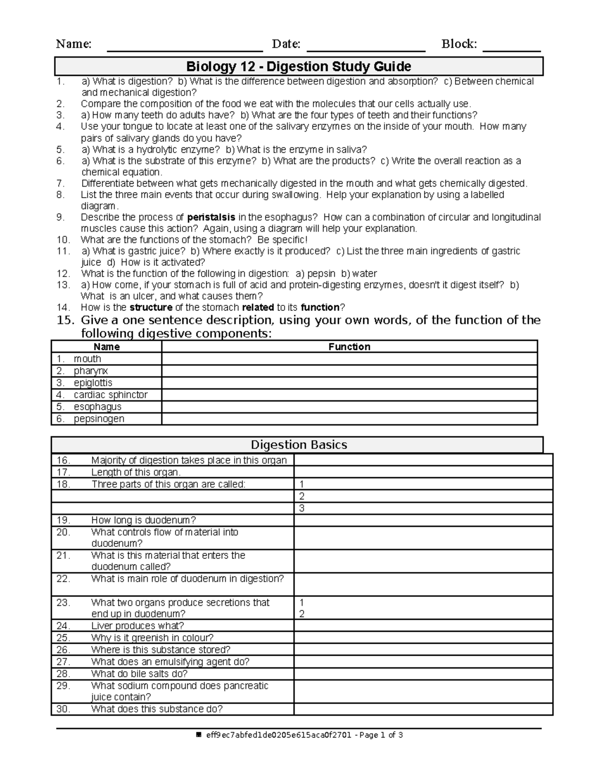Study guide - digestion 2 - Name: Date: Block: Biology 12 - Digestion ...