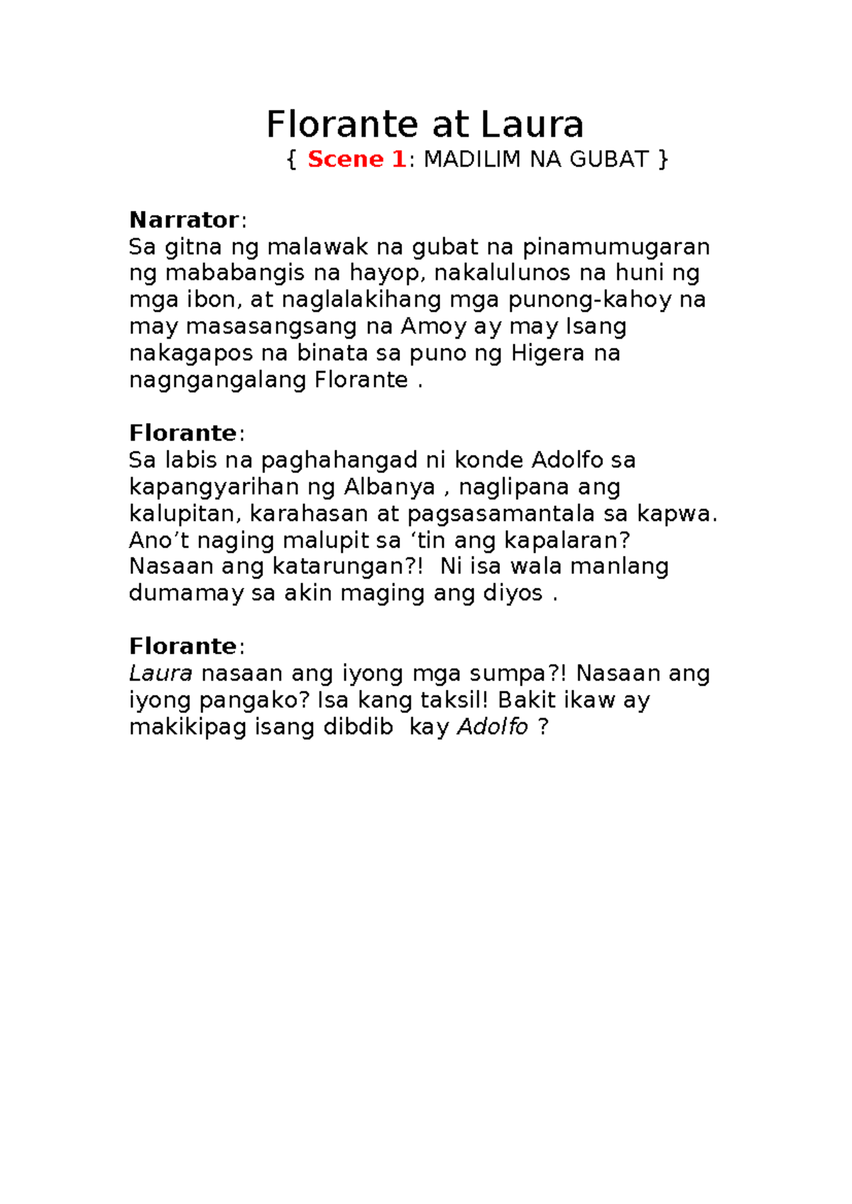 Script Grade 8 - FILIPINO - Florante at Laura { Scene 1: MADILIM NA ...