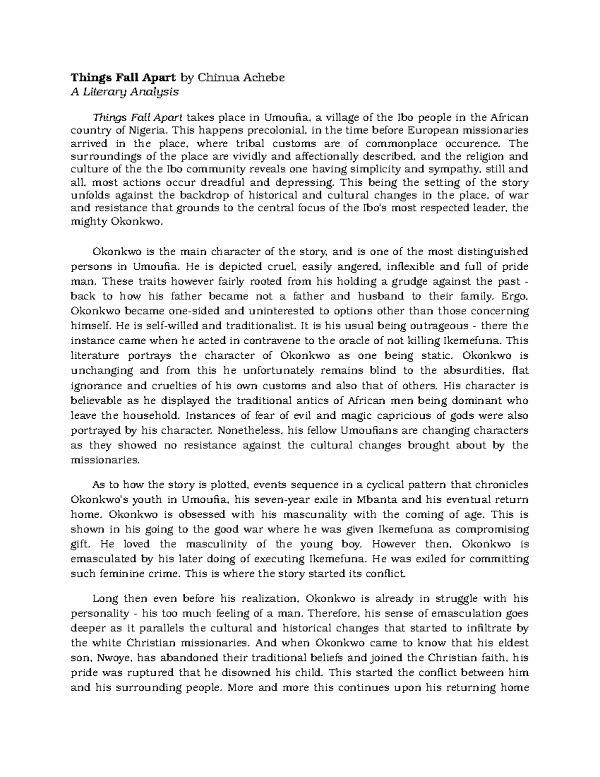 Literary Analysis - Things Fall Apart by Chinua Achebe - Things Fall ...