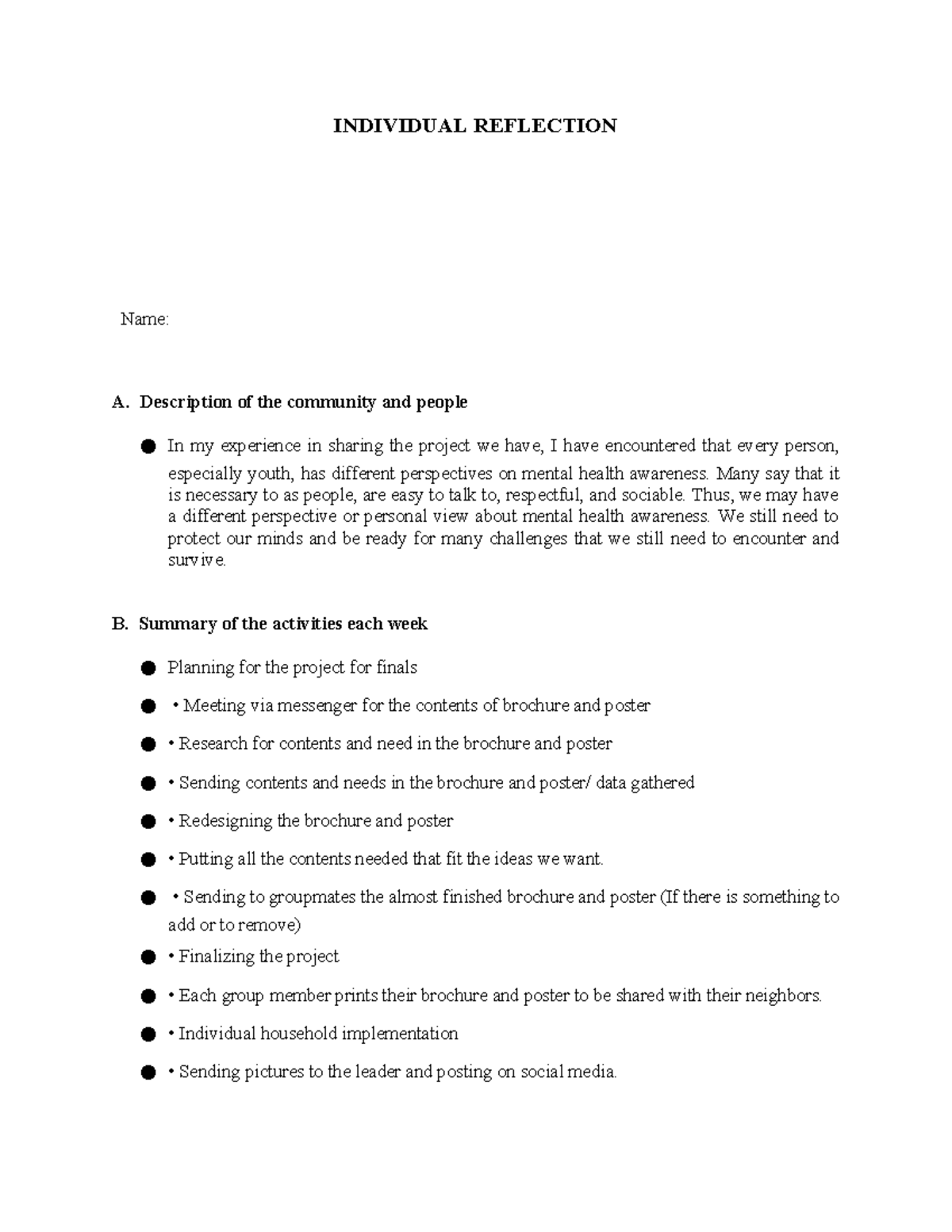 Reflection - INDIVIDUAL REFLECTION Name: A. Description of the ...