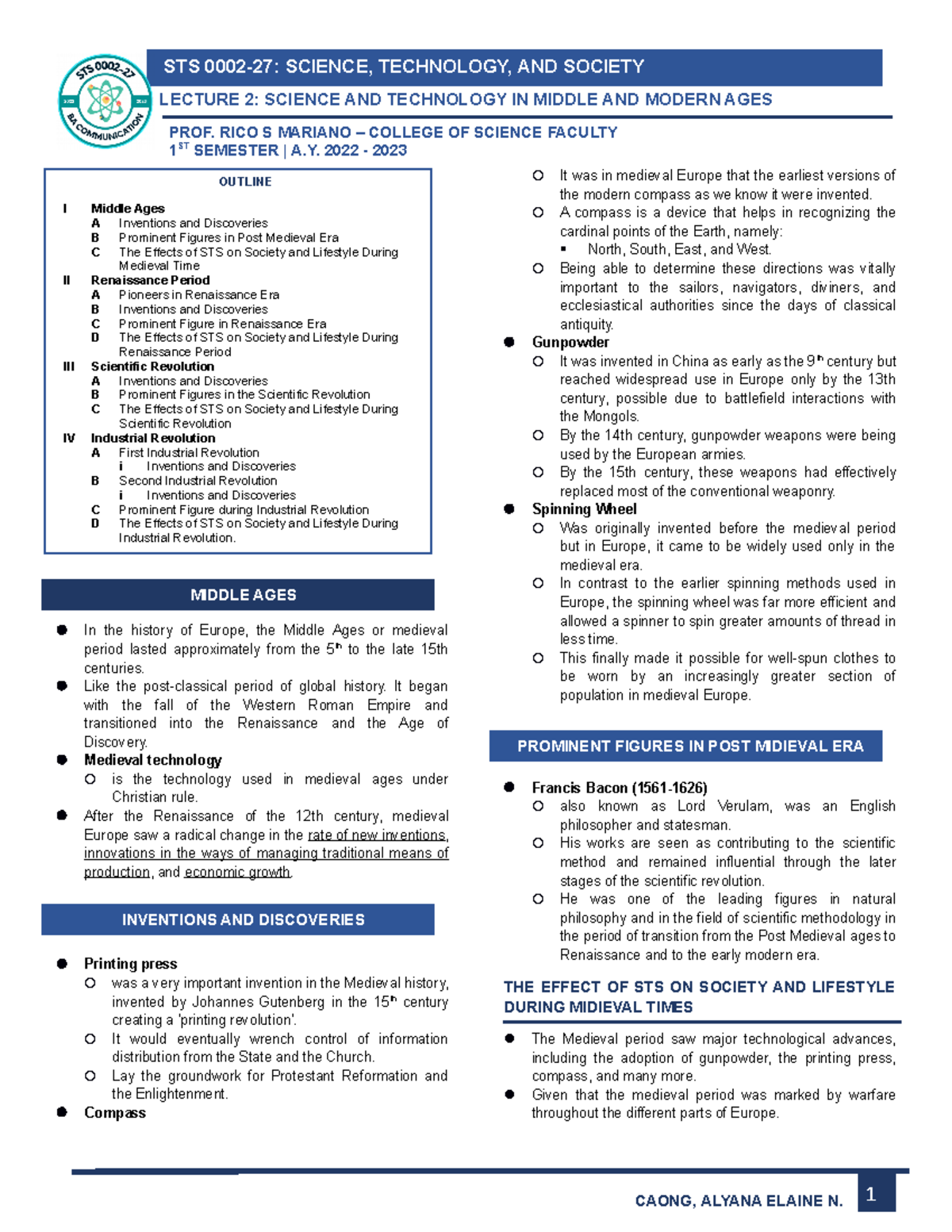 [BAC] STS 0002 - Topic 2 Middle and Modern Ages - In the history of ...