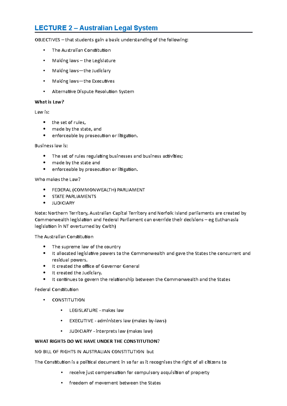 Lecture week 2 - Australian Legal system - LECTURE 2 – Australian Legal ...