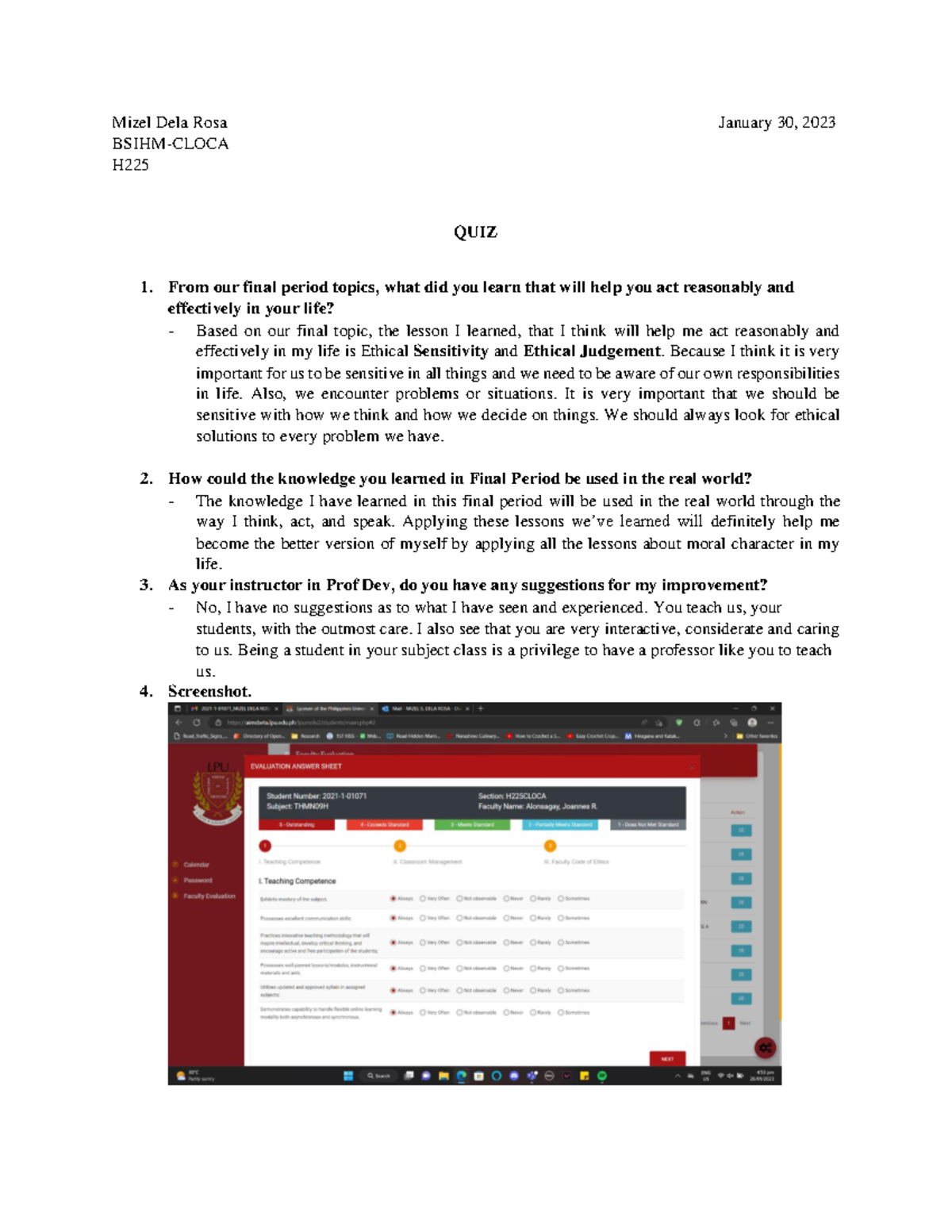Dela Rosa, Mizel Final Activity Ethics - Mizel Dela Rosa January 30, 2023 BSIHM-CLOCA H QUIZ ...