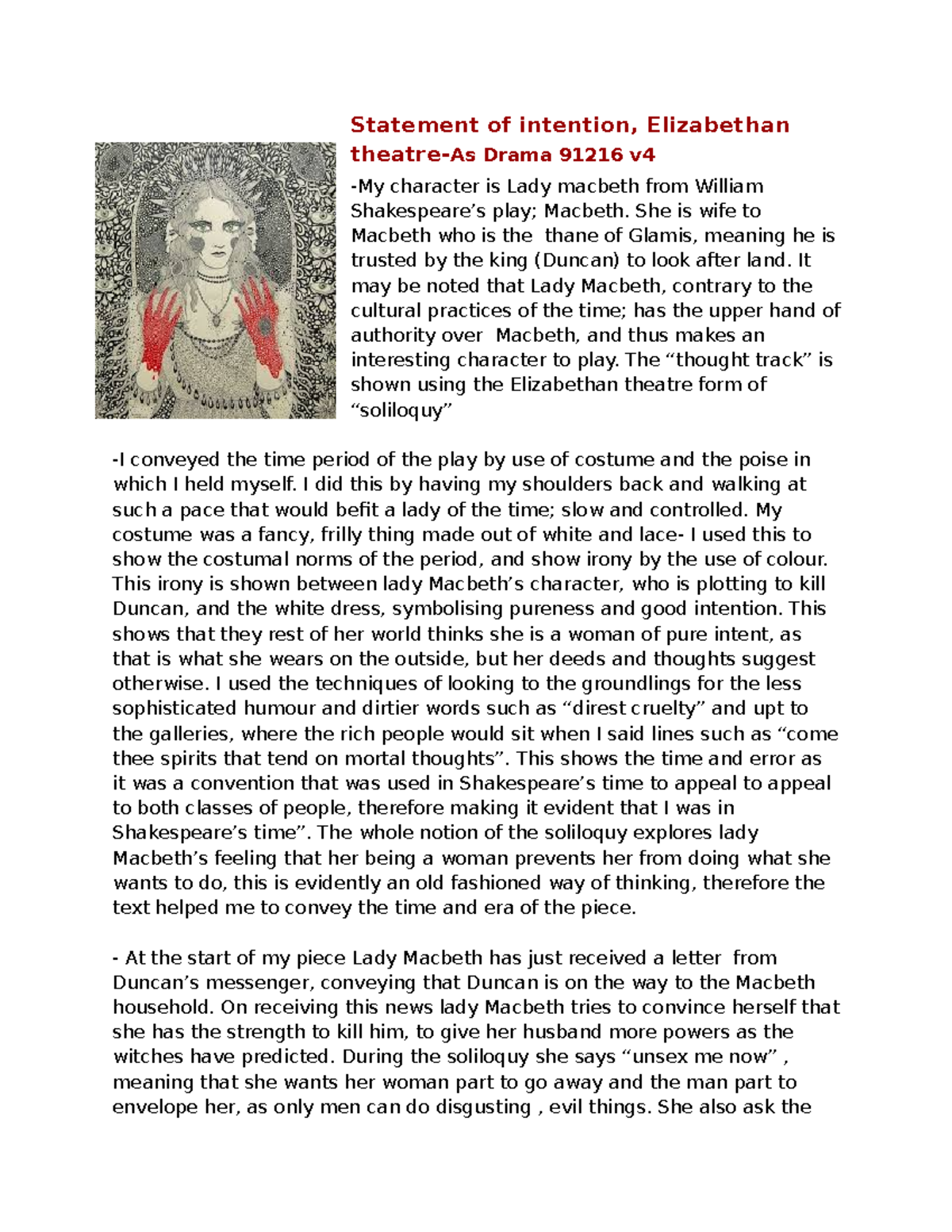 Statement of intention, Elizabethan theatre-As Drama 91216 v4 - She is ...