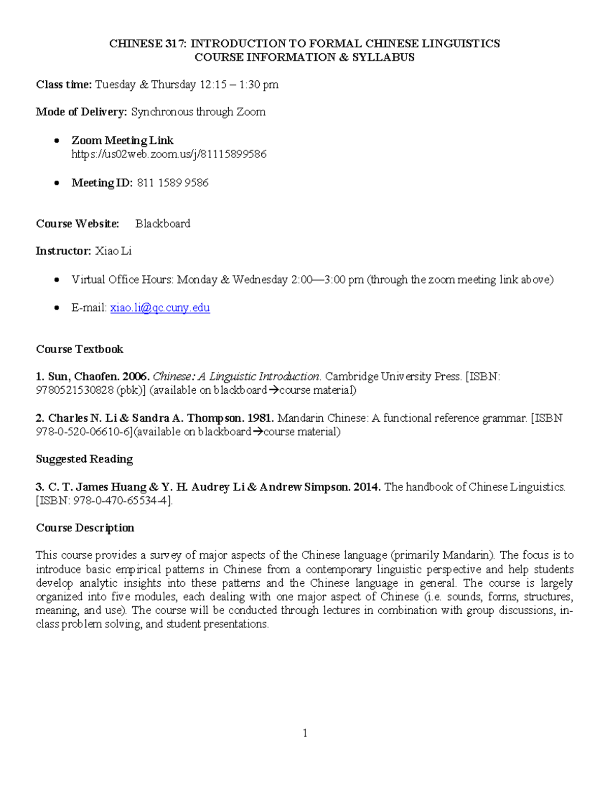 Chin317 Syllabus 2021 - CHINESE 317: INTRODUCTION TO FORMAL CHINESE ...