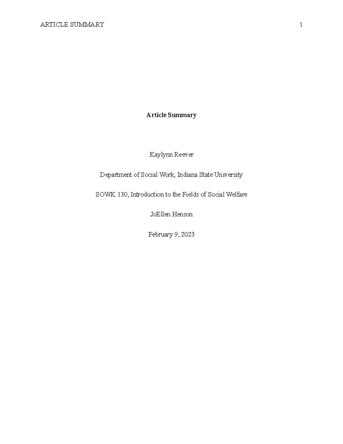 Article Summary Assignment - Kaylynn Reever - Article Summary Kaylynn ...