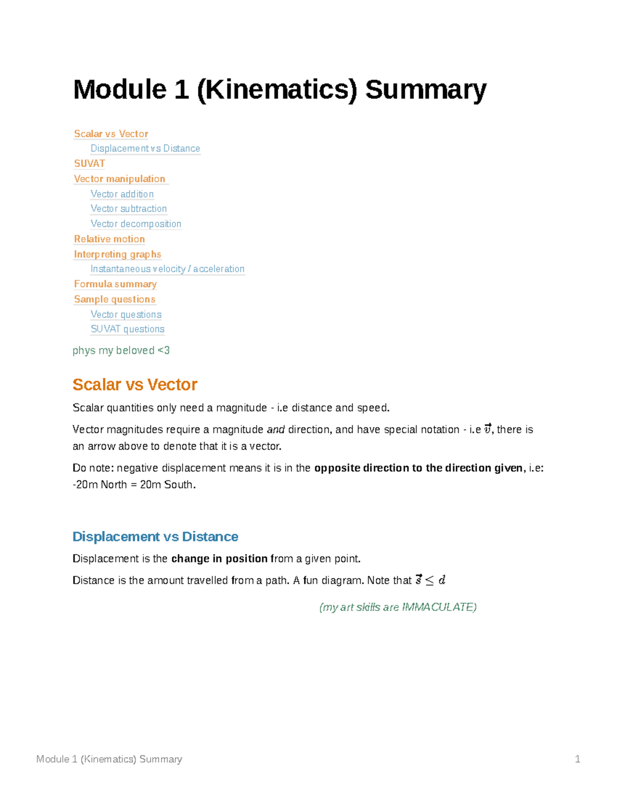 Kinematics summary notes edited - Module 1 (Kinematics) Summary phys my ...