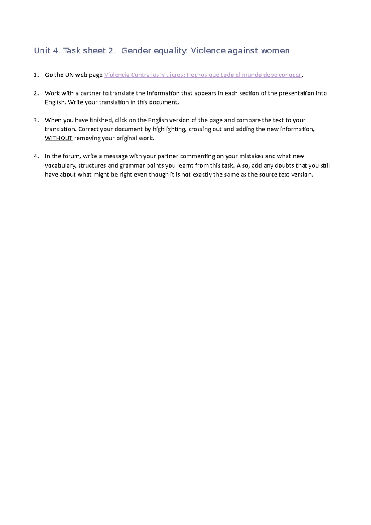 Unit 4 Task Sheet 2 Translation 2020 - Unit 4. Task sheet 2. Gender equality: Violence against ...