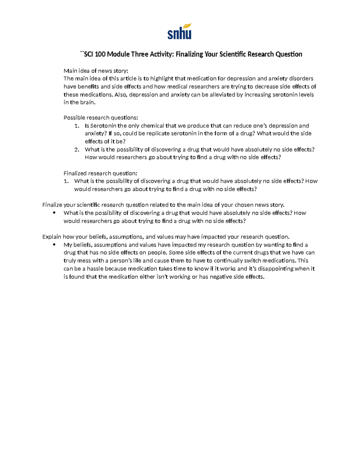 SCI 100 Module Three Activity - Also, depression and anxiety can be ...