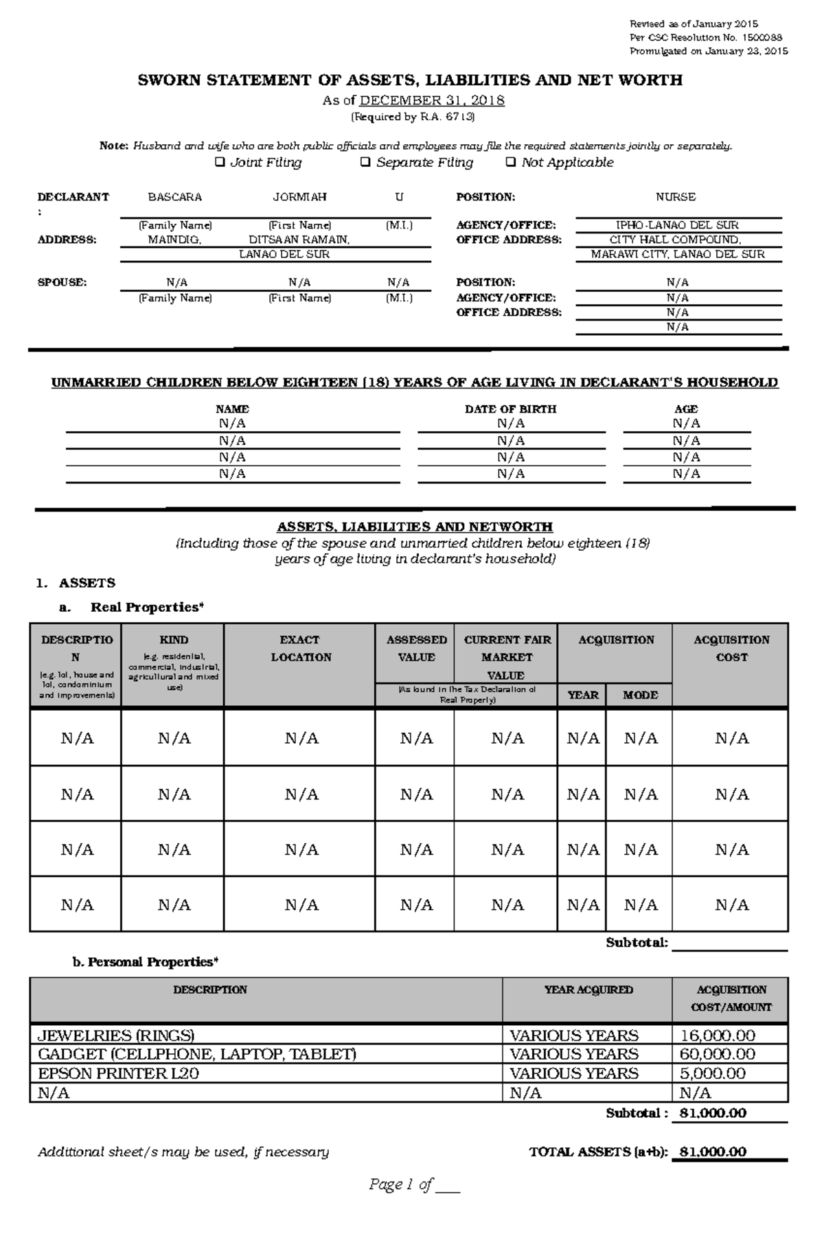 SALN 2019 OPAW - CSC FORMS - Revised as of January 2015 Per CSC ...