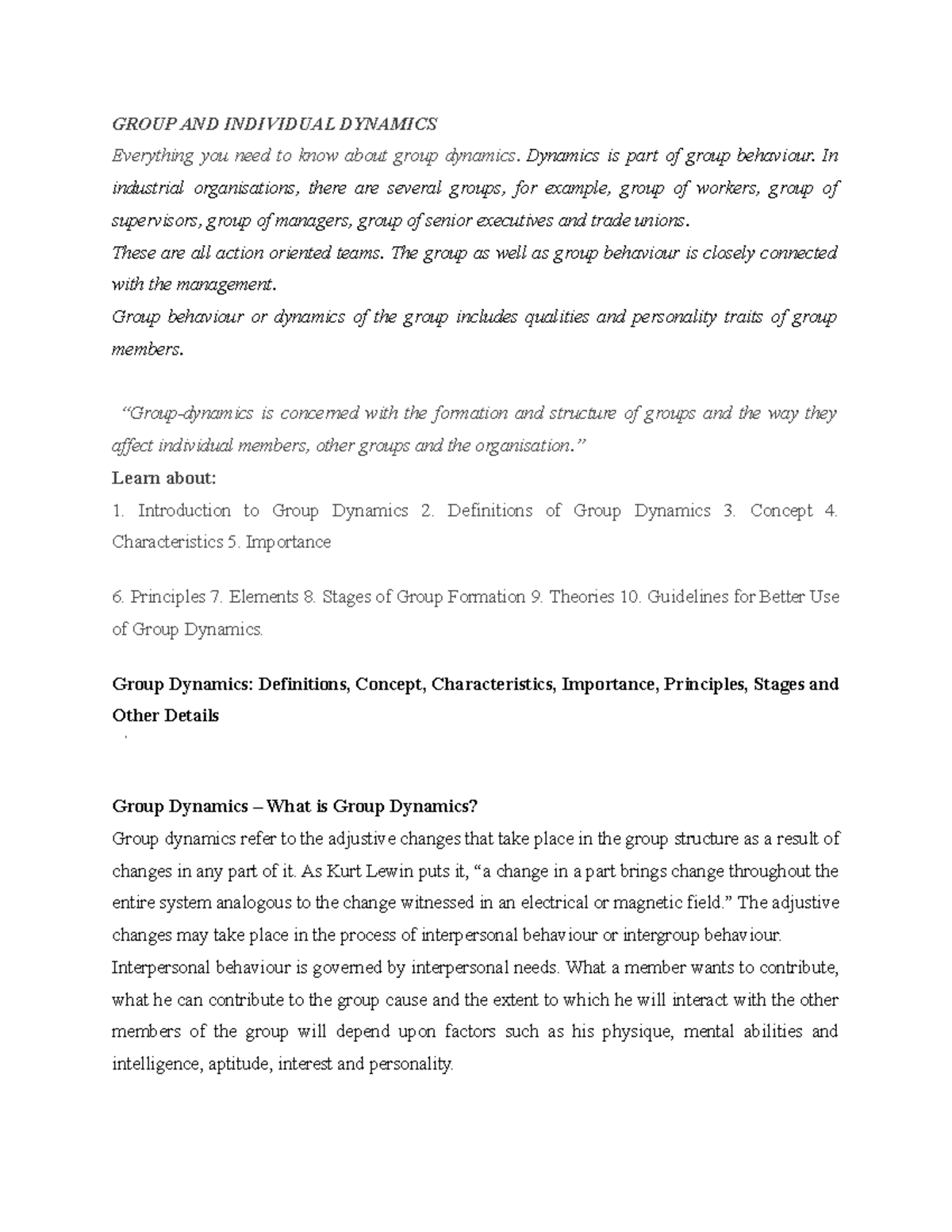 Group AND Individual Dinamics - GROUP AND INDIVIDUAL DYNAMICS ...