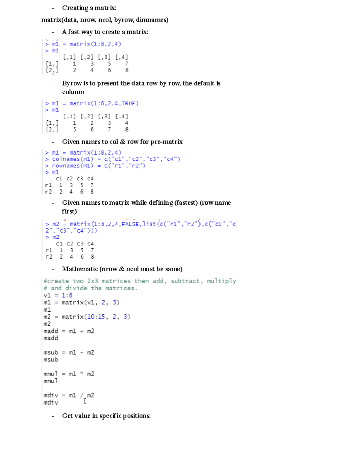 R combo - Creating a matrix: matrix(data, nrow, ncol, byrow, dimnames ...
