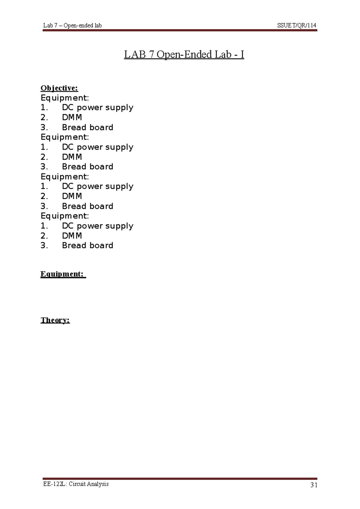 Lab 7 - Lab 7 – Open-ended lab SSUET/QR/ EE-122L: Circuit Analysis 31 LAB 7 Open-Ended Lab - I ...