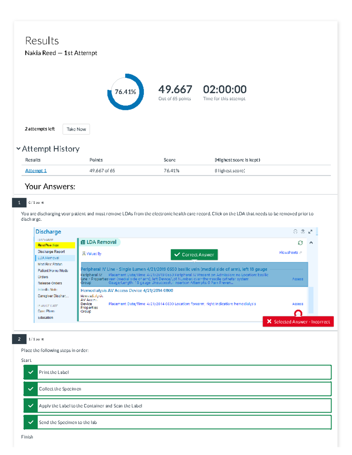 Epic exam - N/A - Results Nakia Reed — 1st Attempt 49 Out of 65 points ...