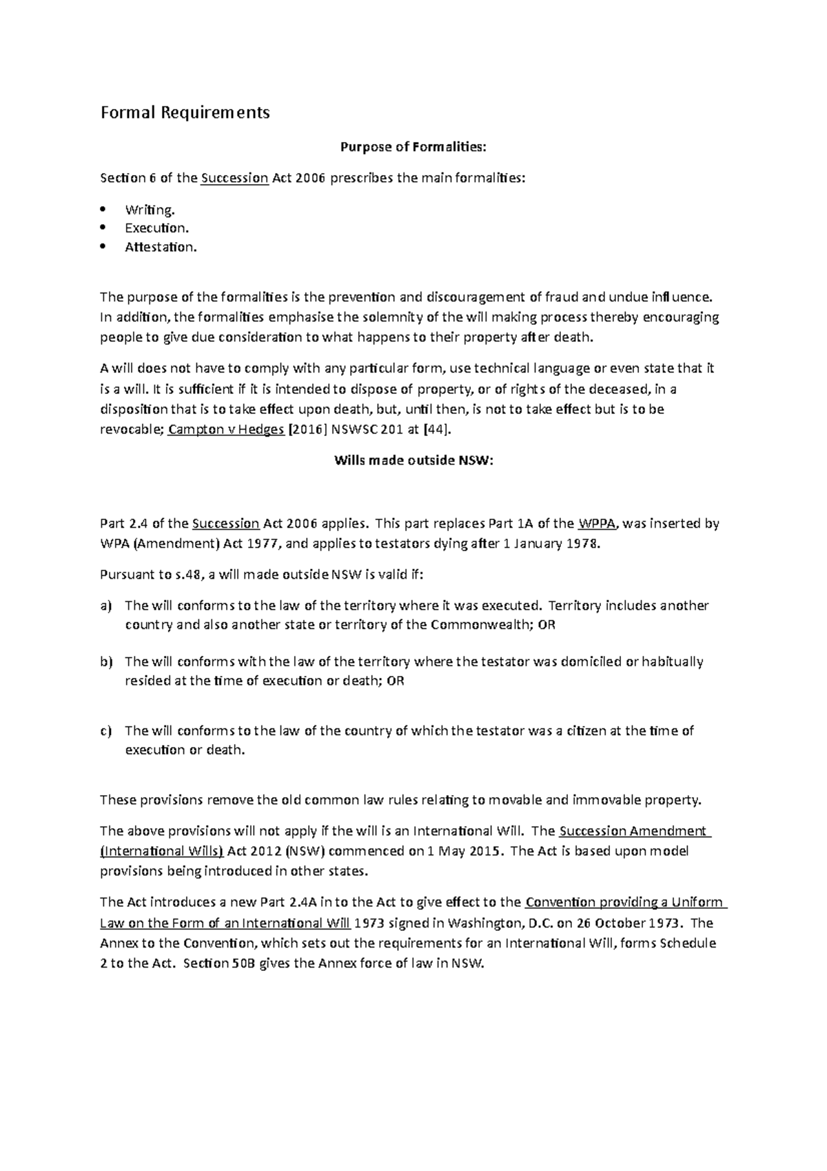 Wills and Succession General Notes 3 - Formal Requirements Purpose of ...