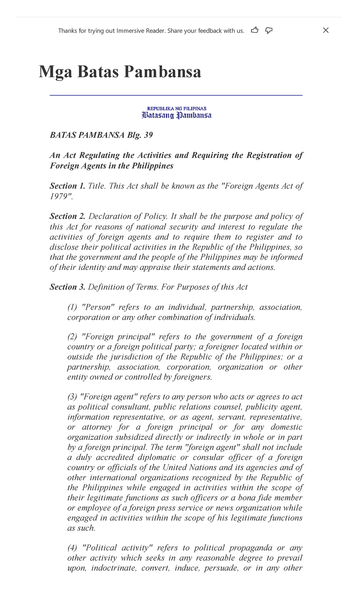 Batas Pambansa Blg. 39 - Thanks for trying out Immersive Reader. Share ...