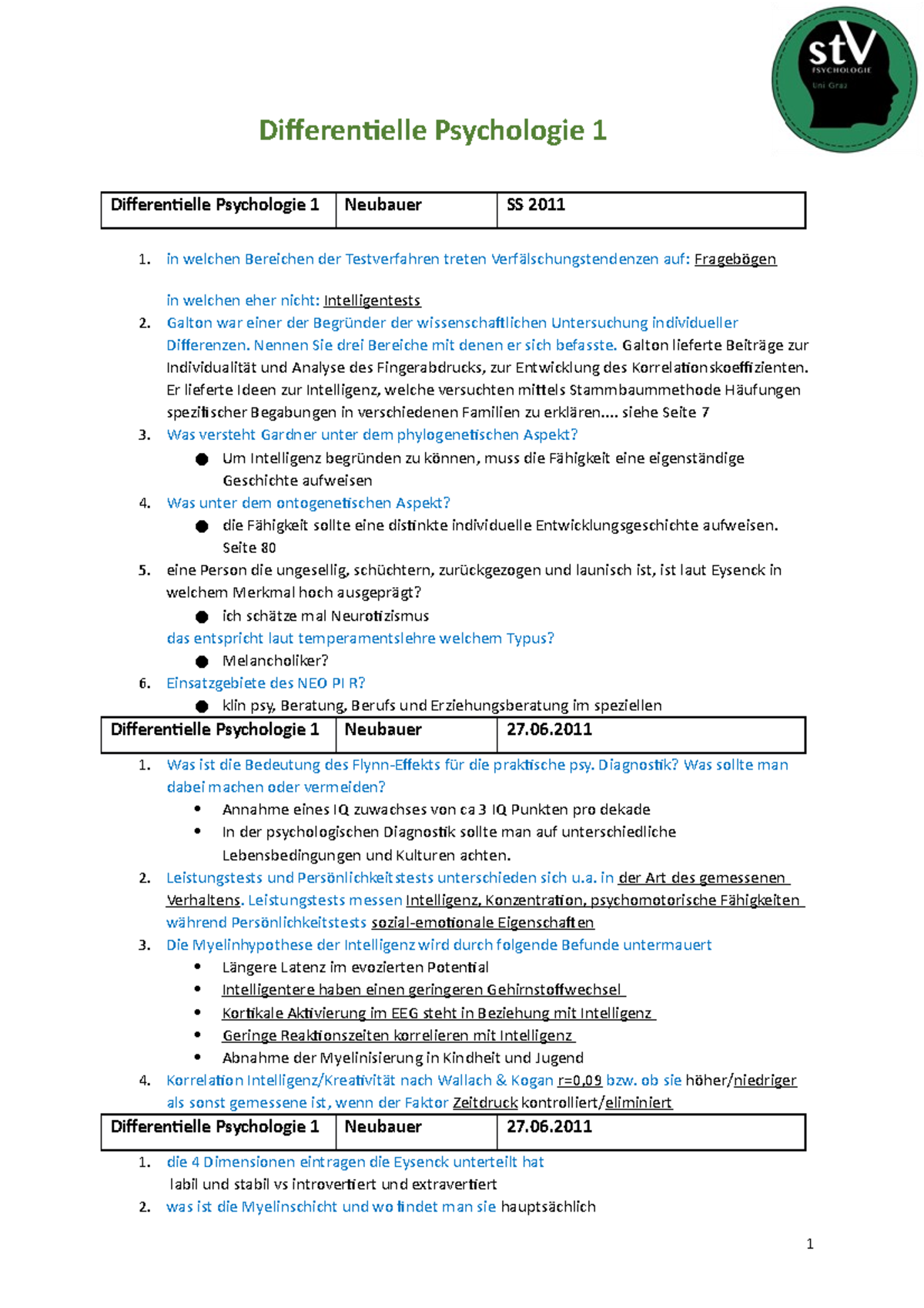 Klausur 28 Januar 2019, Fragen und Antworten - Differentielle Psychologie 1 Differentielle - Studocu